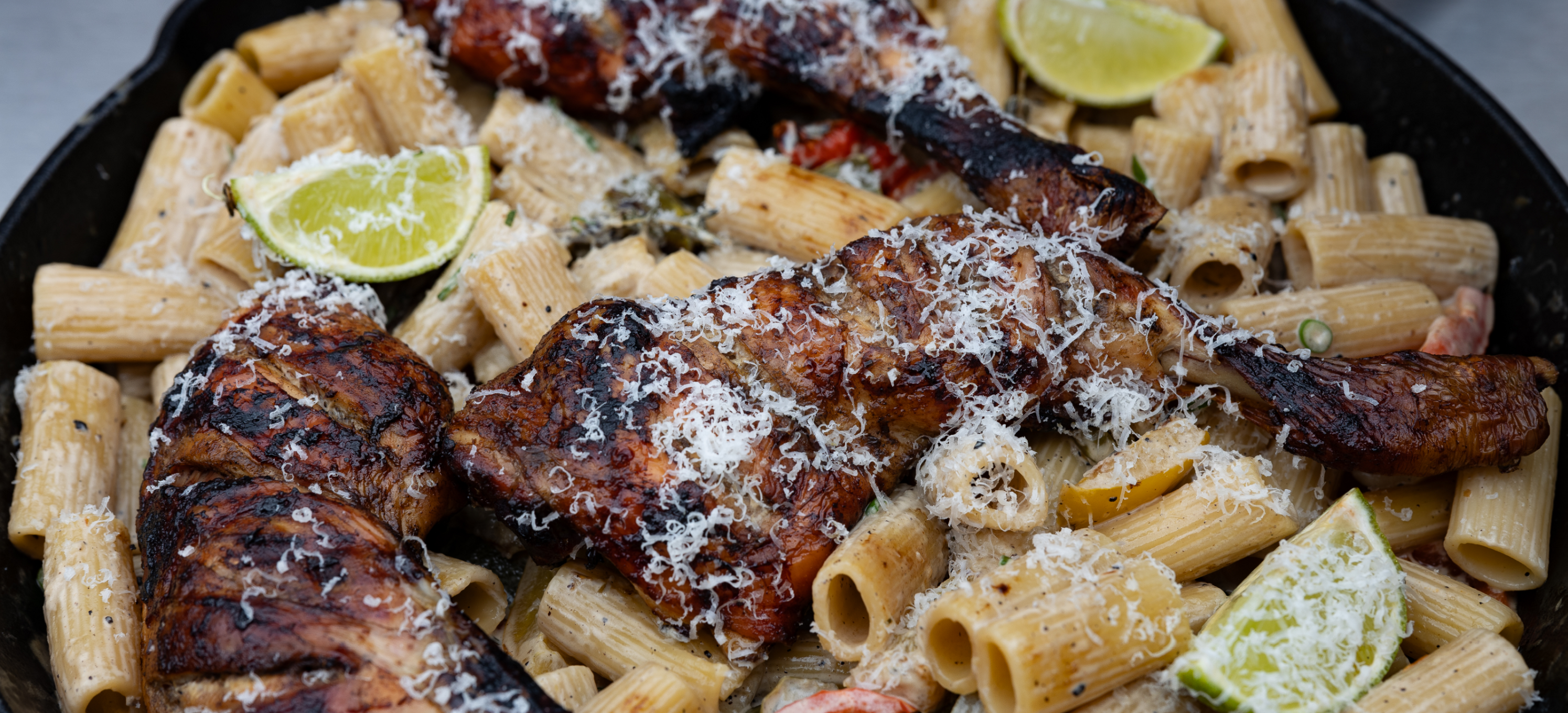 BLAK FIRE GRILLED CHICKEN LEGS WITH PARMESAN PEPPER PASTA – Turner & George